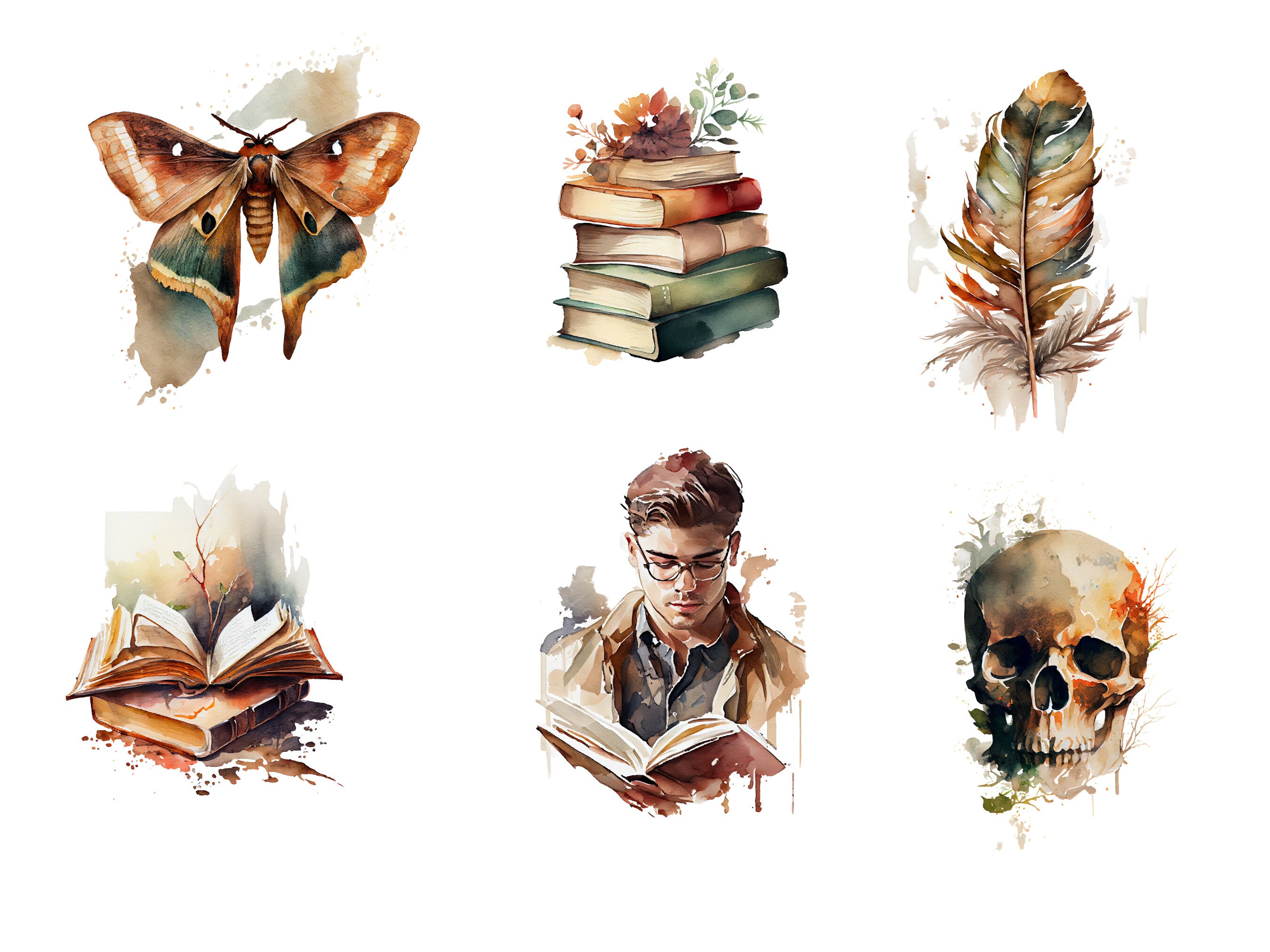 Dark Academia Watercolor Clipart Bundle Bust, Raven, Skull, and More ...