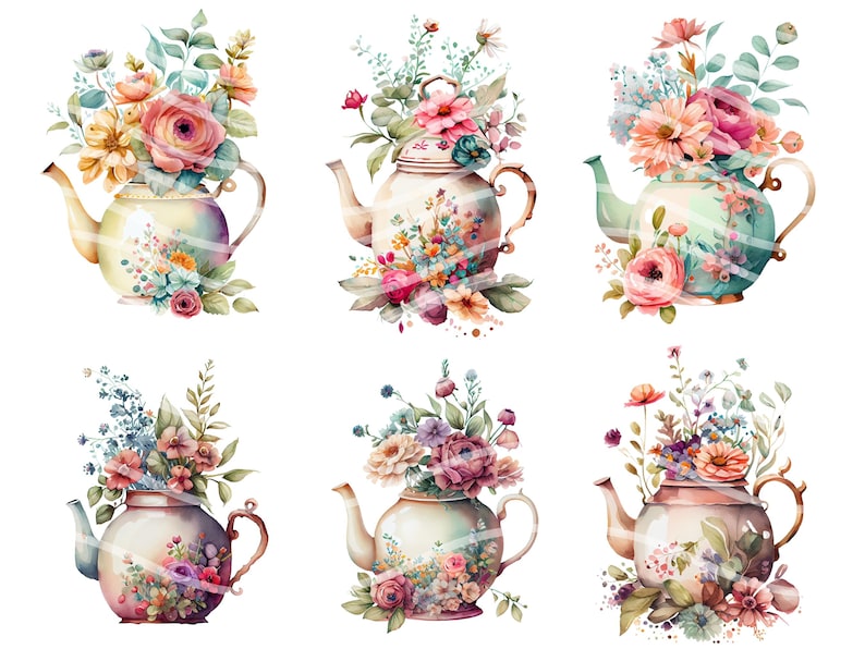 Floral Tea Time: 24 Watercolor Teapot Clipart for Creative Projects and ...