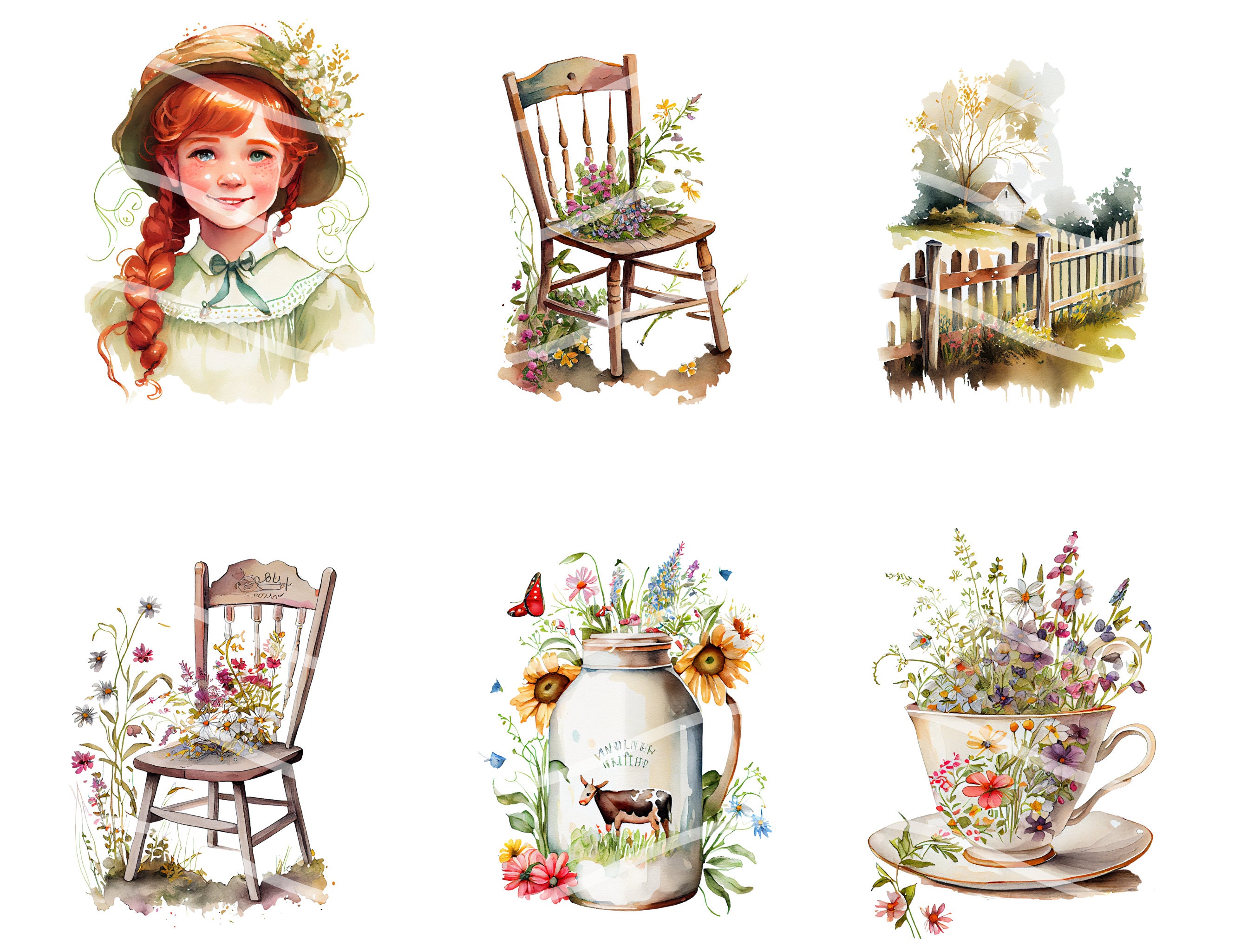 Vintage Anne of Green Gables Clipart Set Watercolor Clipart - Etsy