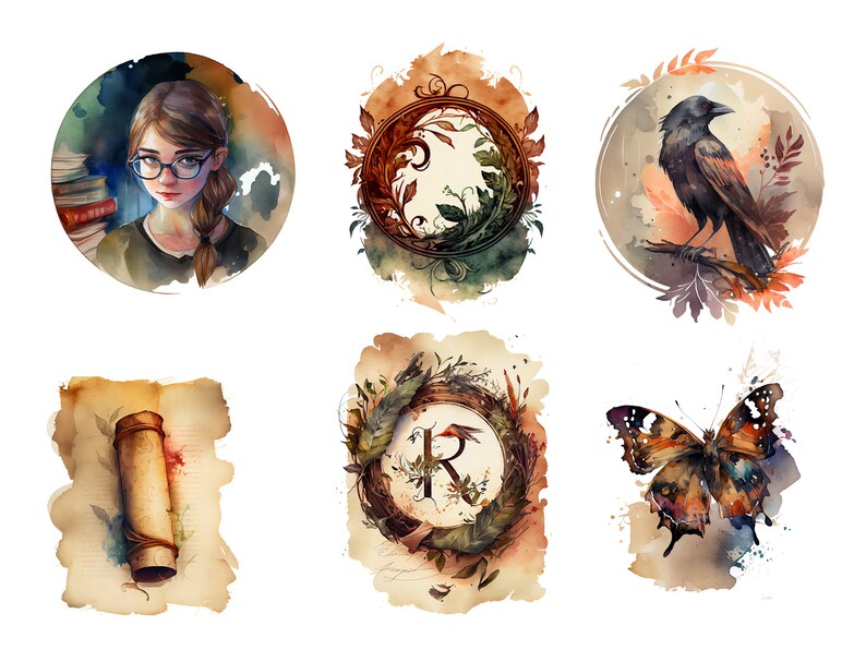 Dark Academia Watercolor Clipart Bundle Bust, Raven, Skull, and More ...