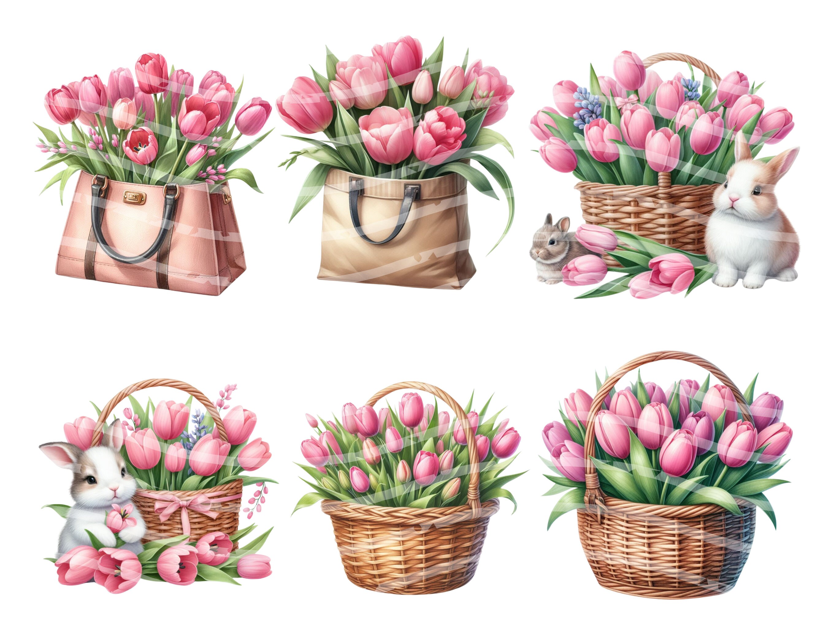 Pink Tulips Fashion Clipart - Cute Watercolor Bunny Set - Floral ...