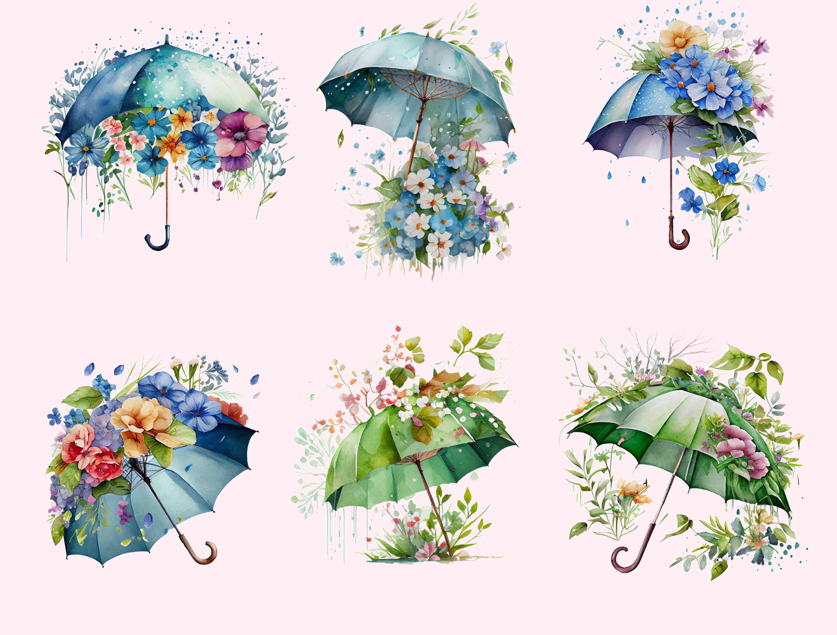 Summer Garden Floral Umbrella Clipart Bundle Colorful Watercolor ...