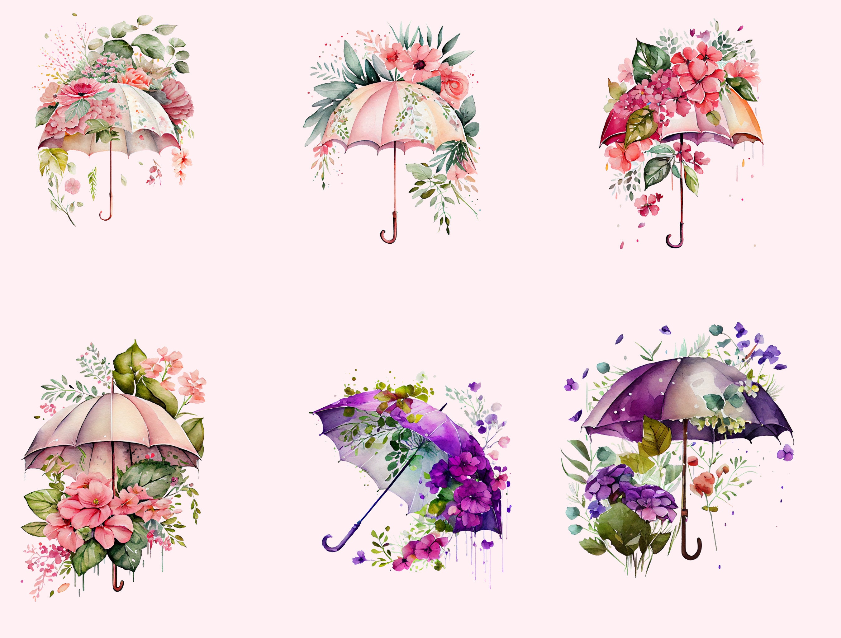 Summer Garden Floral Umbrella Clipart Bundle - Colorful Watercolor ...