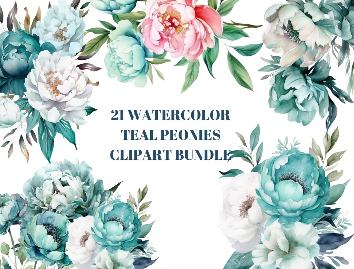 21 Beautiful Watercolor Teal Peonies Clipart Bundle Perfect - Etsy