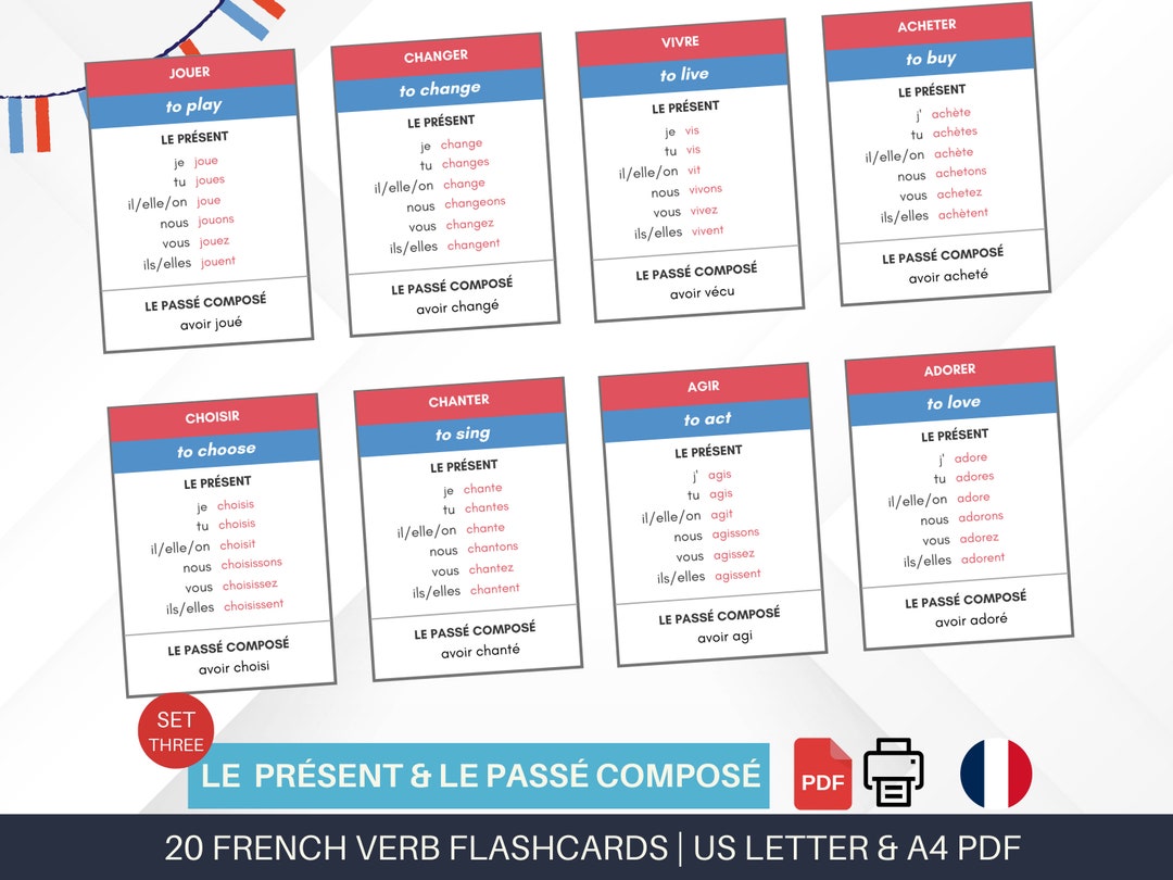 Printable Verbs in French Flash Cards for Home Schooling | Learn French ...