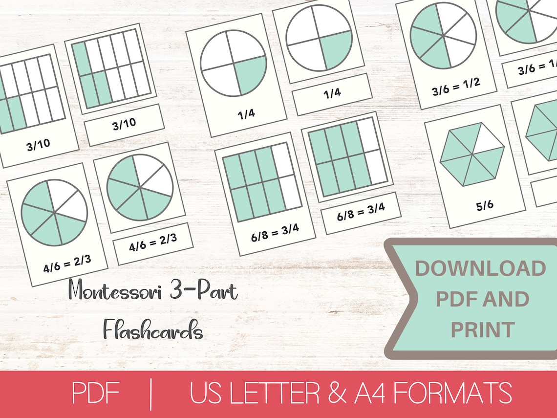 40 Fractions Maths Flash Cards Montessori Printable 3 Part Nomenclature ...