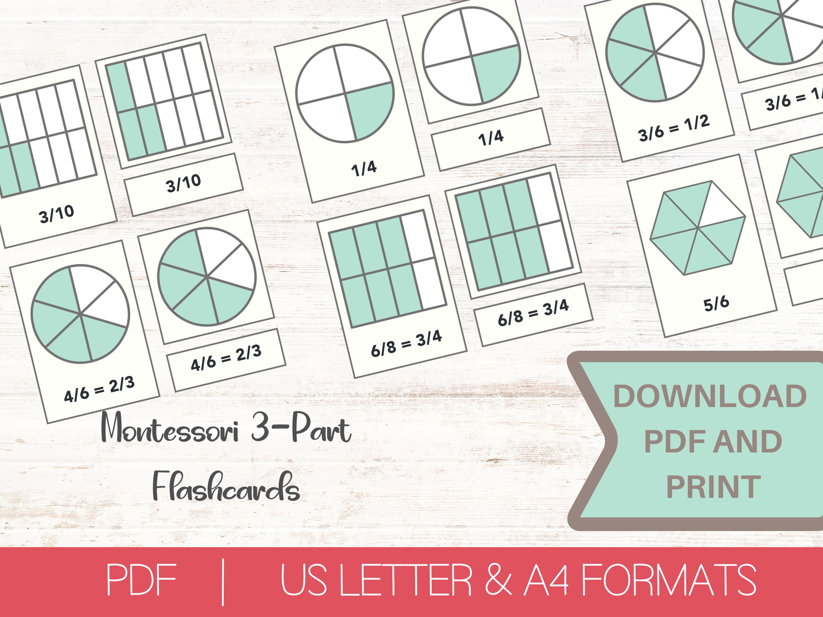 40 Fractions Maths Flash Cards Montessori Printable 3 Part Nomenclature ...