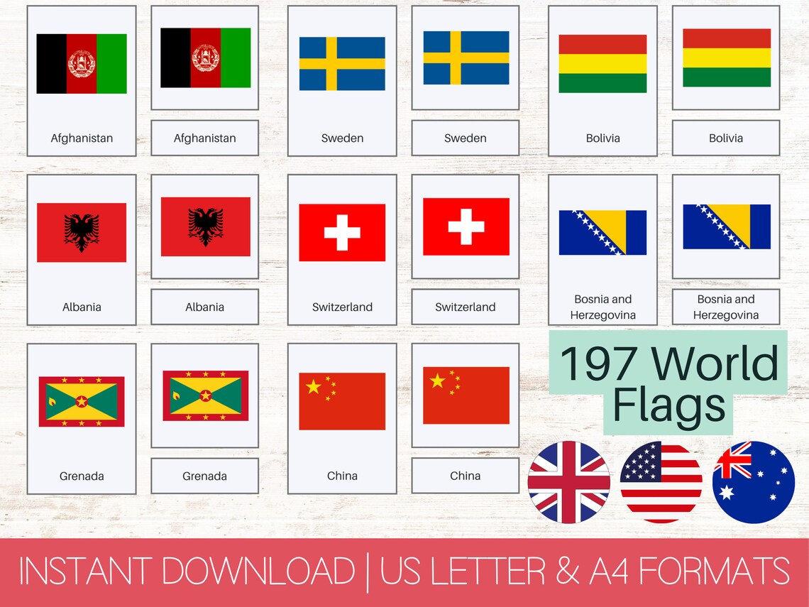 197 World Flags Montessori School 3 Part Flashcards Printable ...