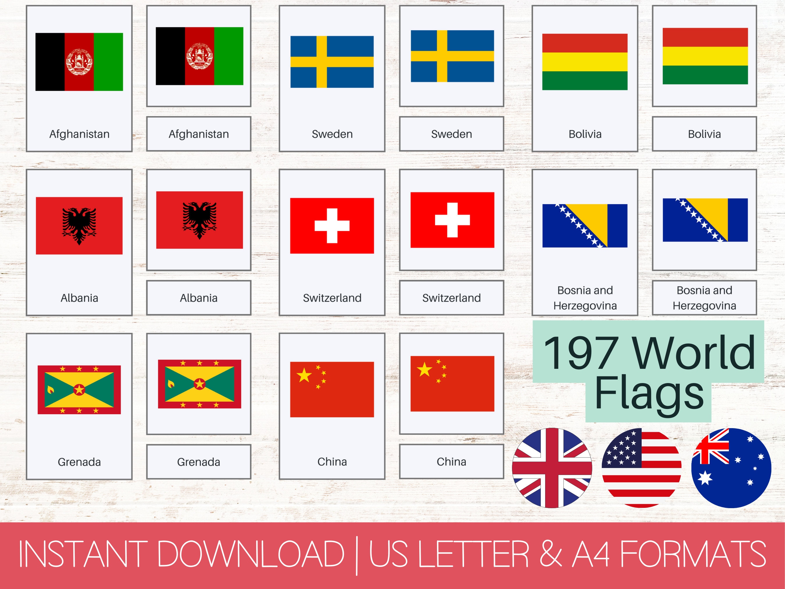 197 World Flags Montessori School 3 Part Flashcards Printable ...