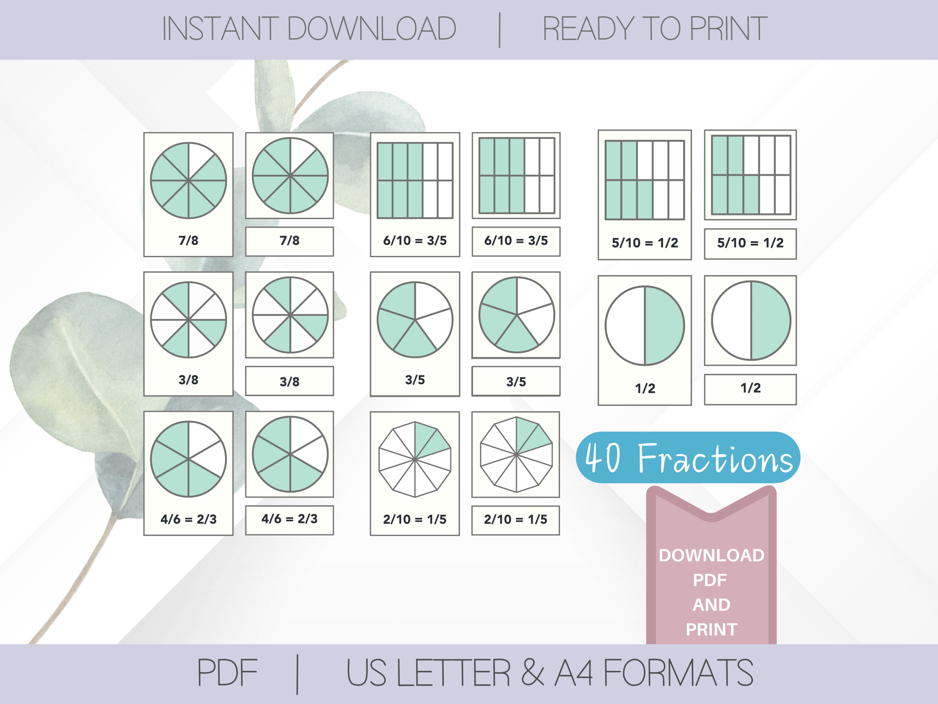 40 Fractions | Maths Flash Cards | Montessori Printable 3 Part ...