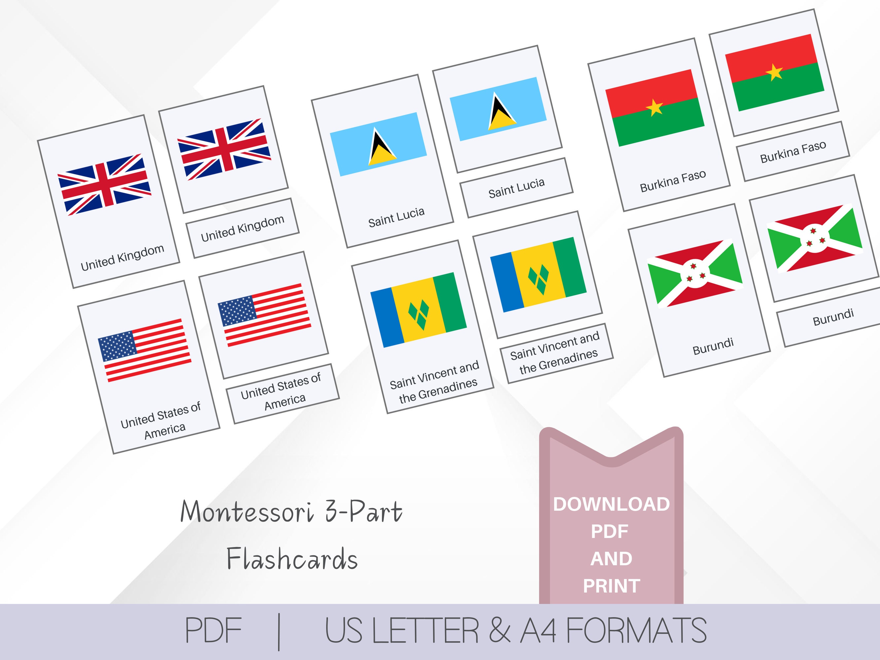 197 World Flags Montessori School 3 Part Flashcards Printable ...