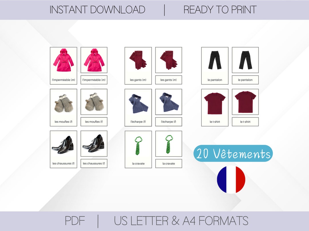 20 Clothes in French | French Montessori Learning | Flashcards for ...
