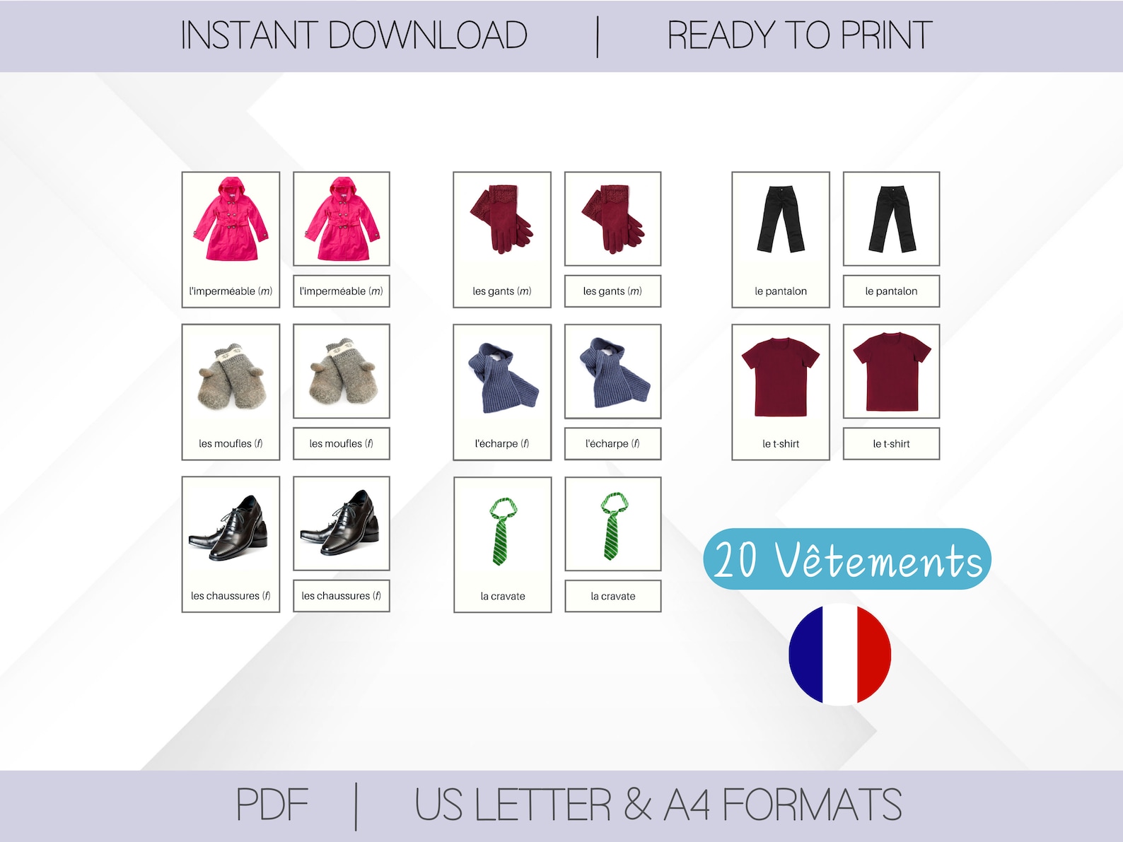 20 Clothes in French | French Montessori Learning | Flashcards for ...
