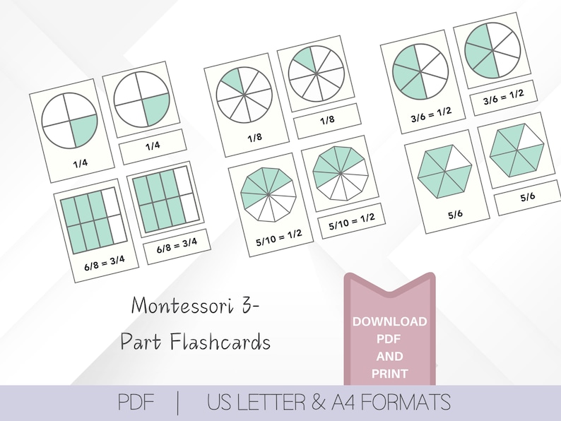 40 Fractions | Maths Flash Cards | Montessori Printable 3 Part ...