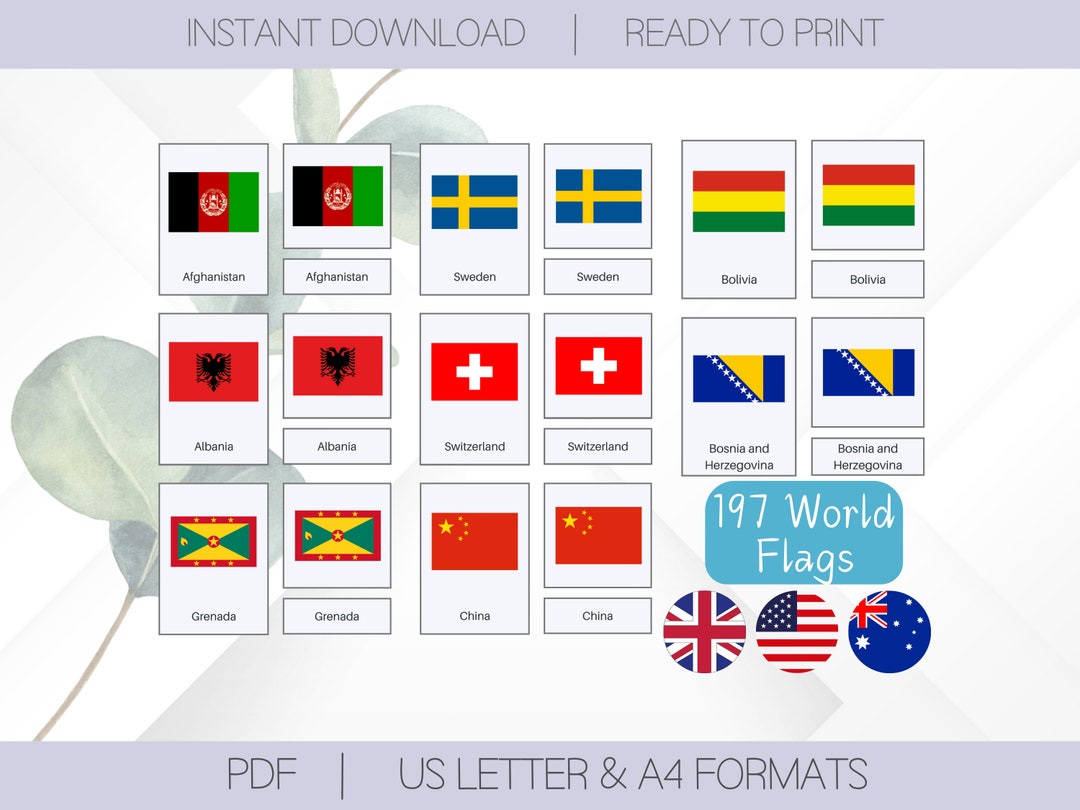 197 World Flags | Montessori School 3 Part Flashcards | Printable ...