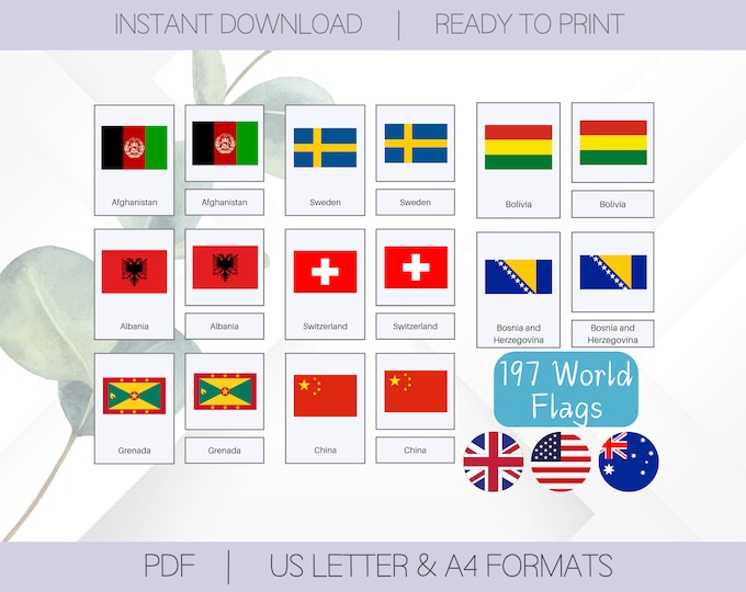 197 World Flags | Montessori School 3 Part Flashcards | Printable ...