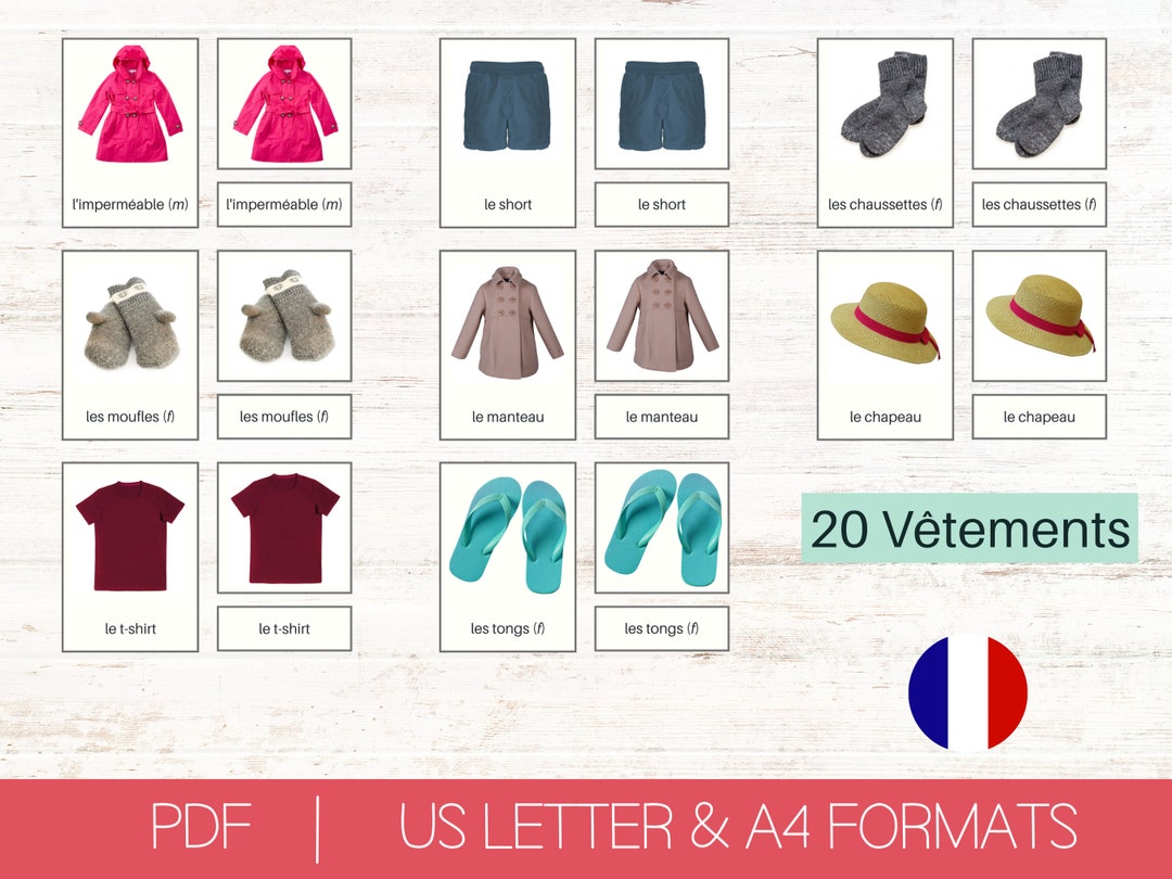 20 Clothes in French French Montessori Learning Flashcards - Etsy