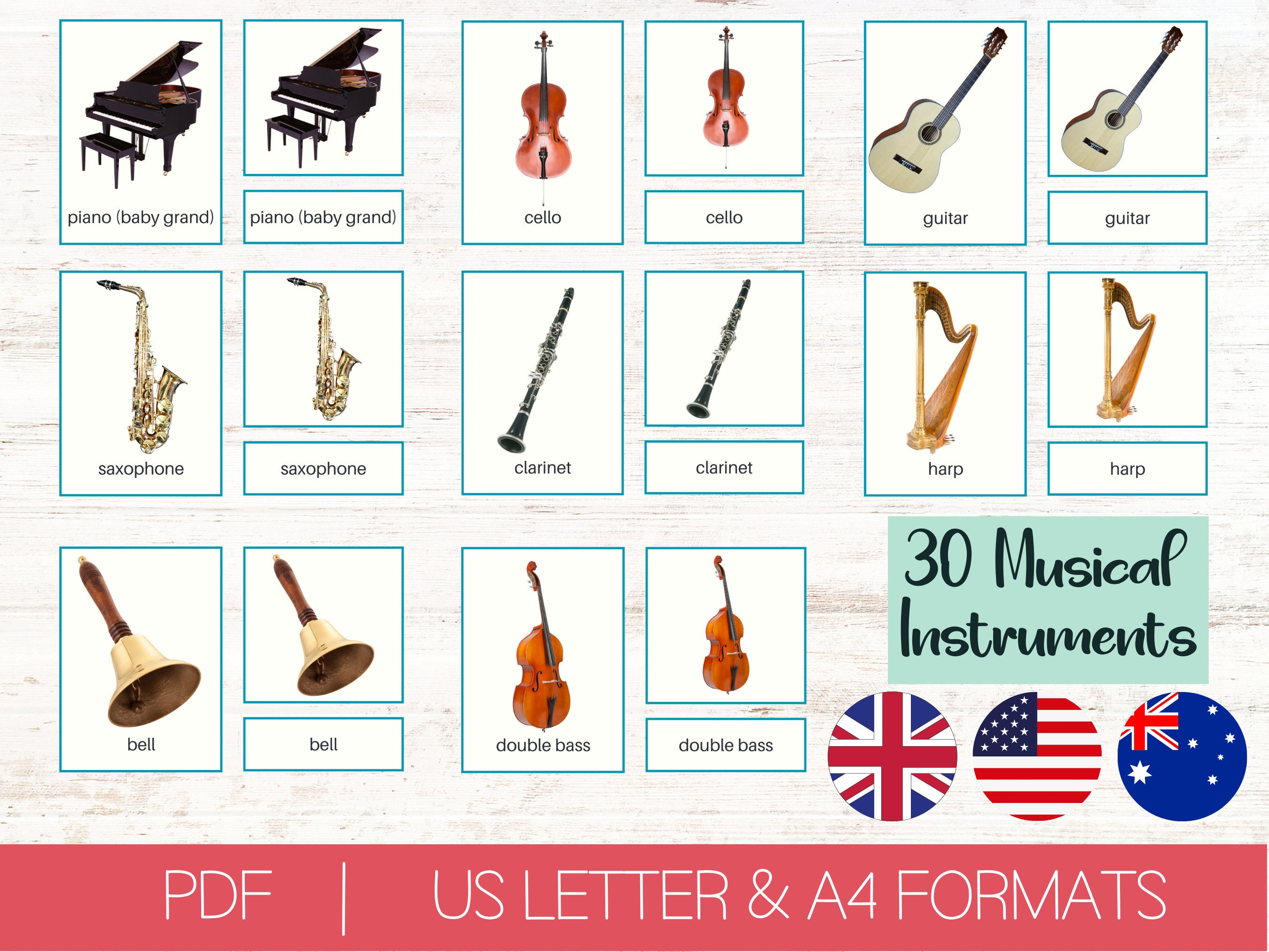 30 Musical Instruments Montessori School 3 Part Flashcards - Etsy