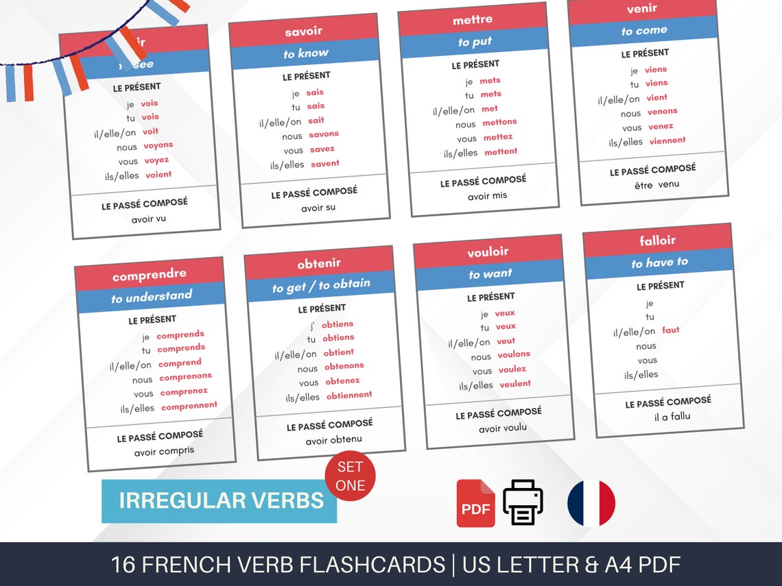 Printable Irregular French Verbs Flash Cards for Home Schooling | Learn ...