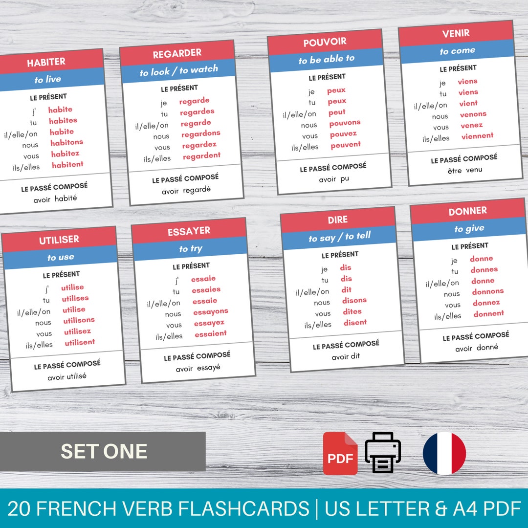Printable Verbs in French Flash Cards for Home Schooling Learn French ...