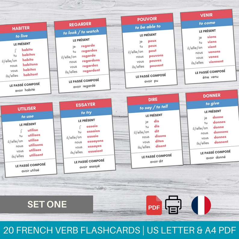 Printable Verbs in French Flash Cards for Home Schooling Learn French ...