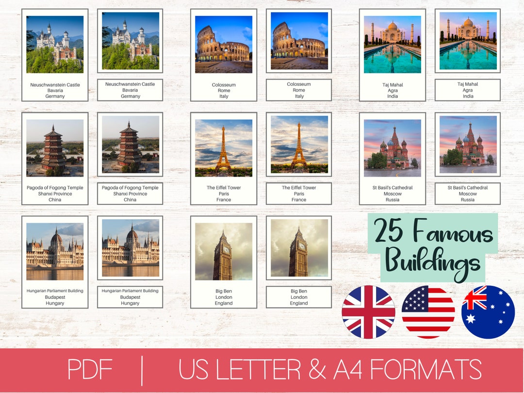 25 Famous Buildings World Landmarks Montessori School 3 Part Flashcards ...