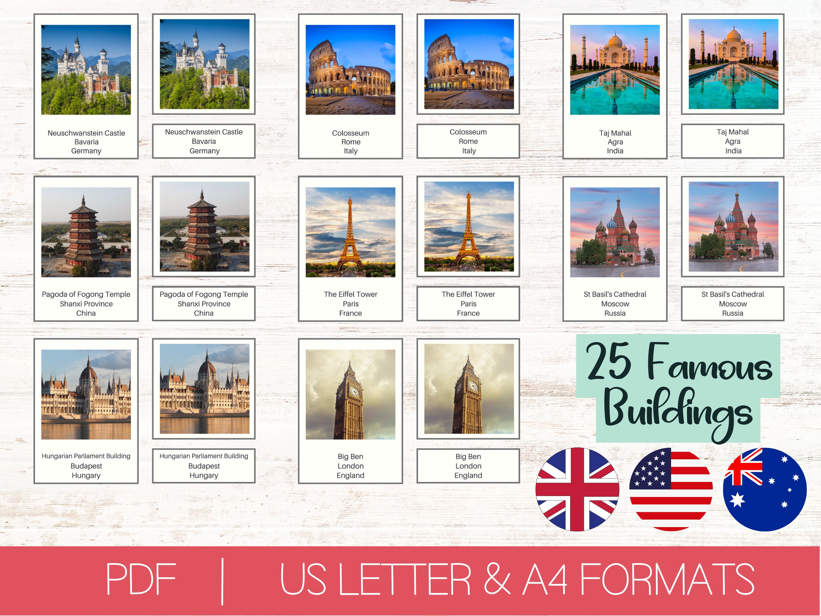 25 Famous Buildings World Landmarks Montessori School 3 Part Flashcards ...