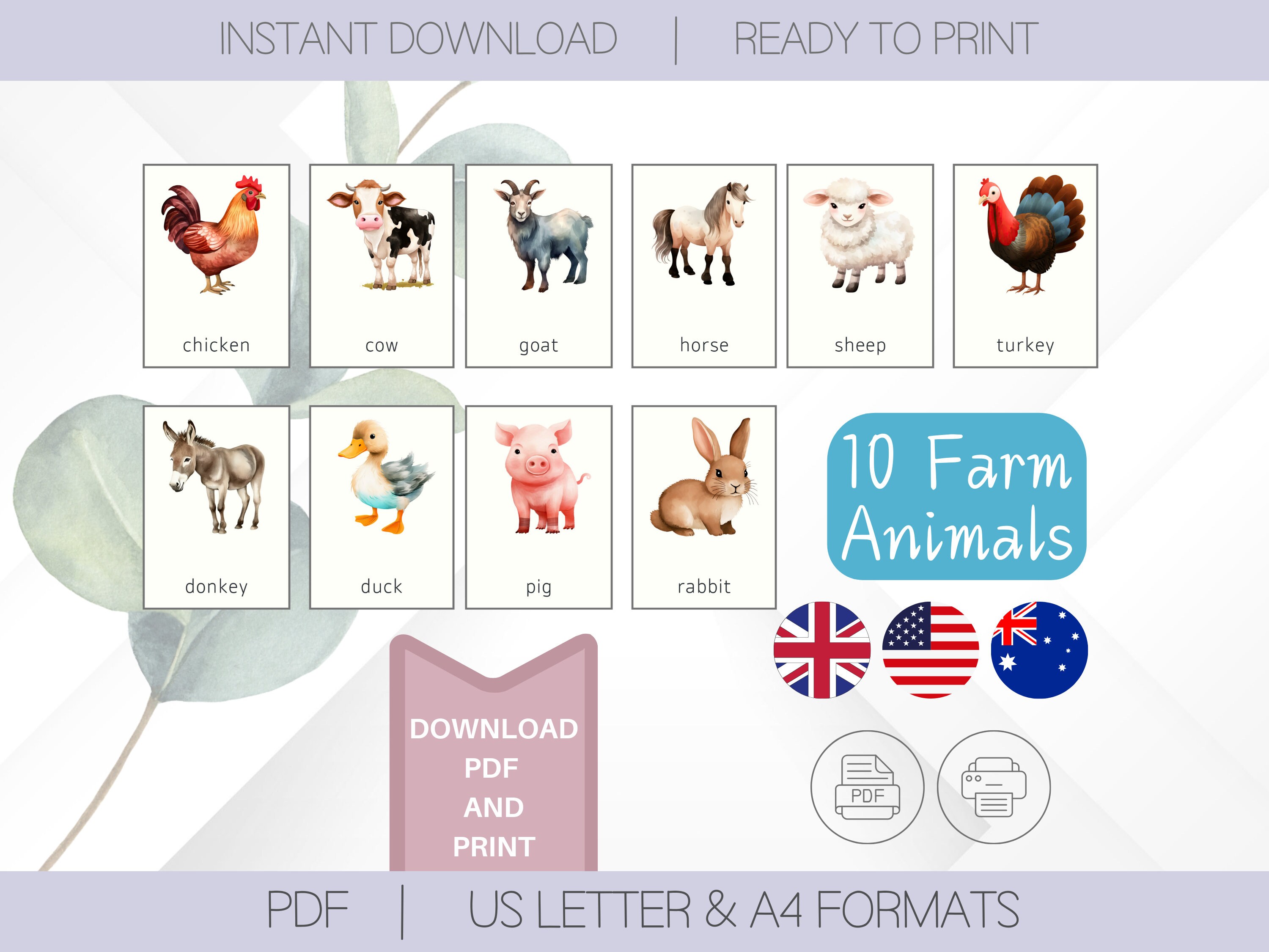 Farm Animal Flashcards for Kids, Toddlers and Preschool Printable ...