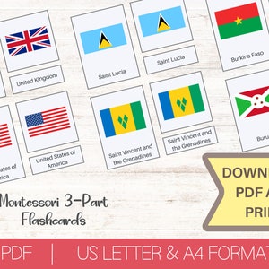 197 World Flags Montessori School 3 Part Flashcards Printable ...