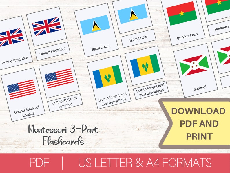 197 World Flags Montessori School 3 Part Flashcards Printable ...