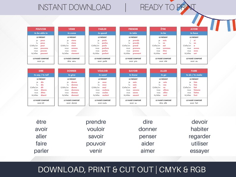 Printable Verbs in French Flash Cards for Home Schooling | Learn French ...