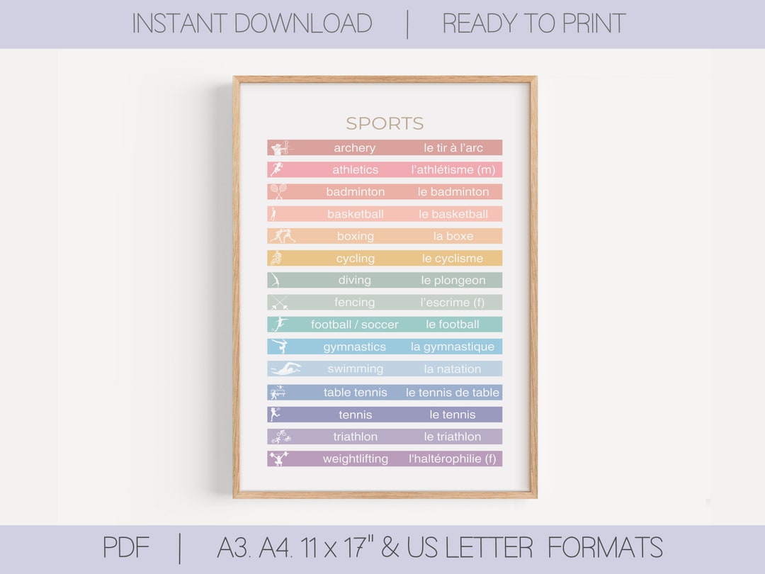 Bilingual Sports in French & English Montessori Printable Educational ...