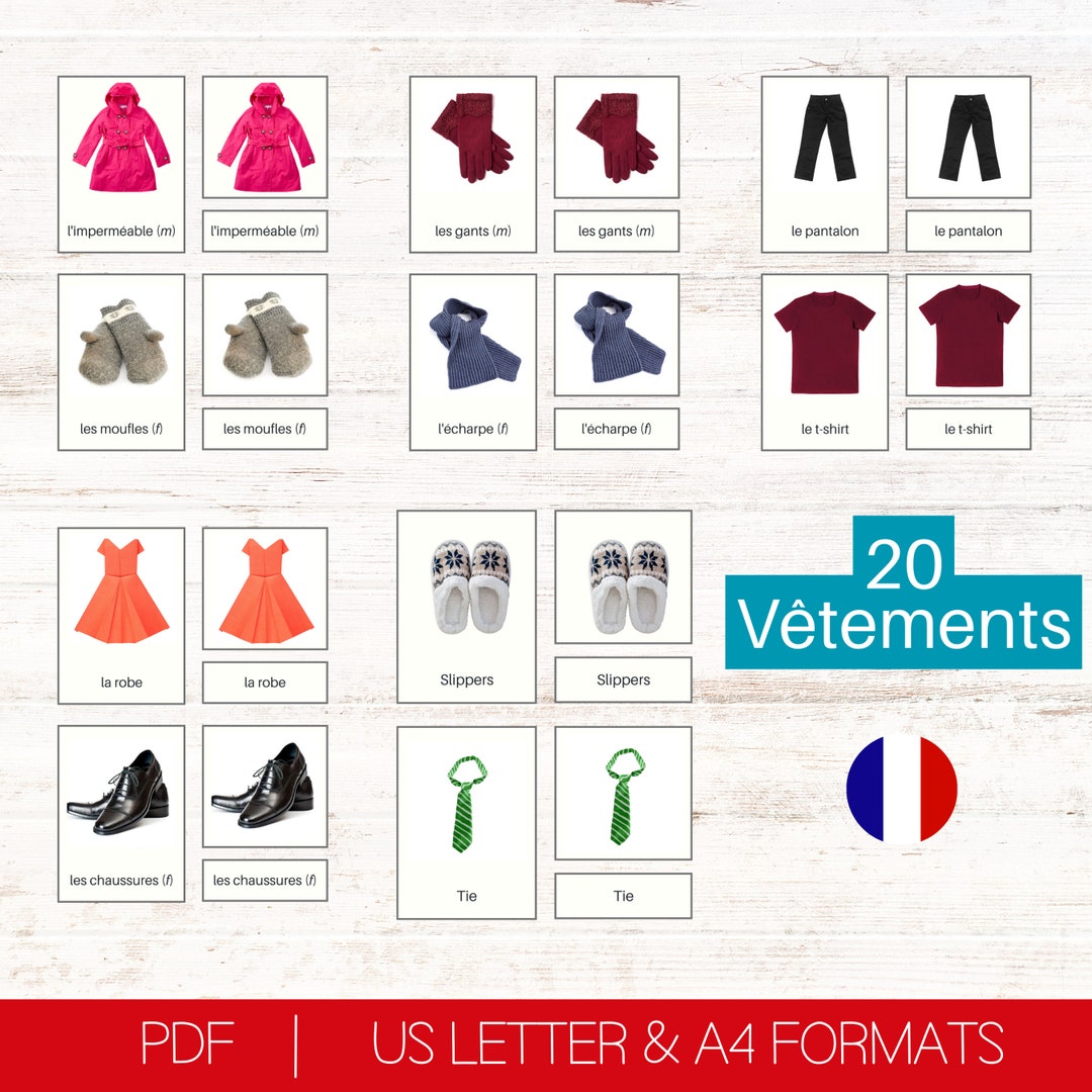 20 Clothes in French French Montessori Learning Flashcards for French ...