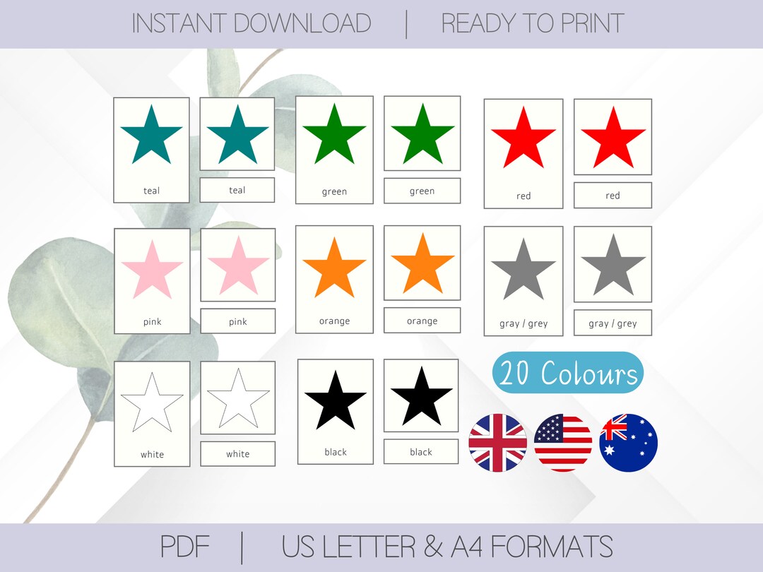 20 English Colors | Montessori School 3 Part Flashcards | Printable ...