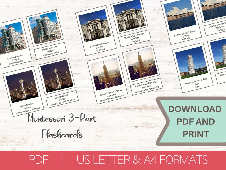 25 Famous Buildings World Landmarks Montessori School 3 Part Flashcards ...