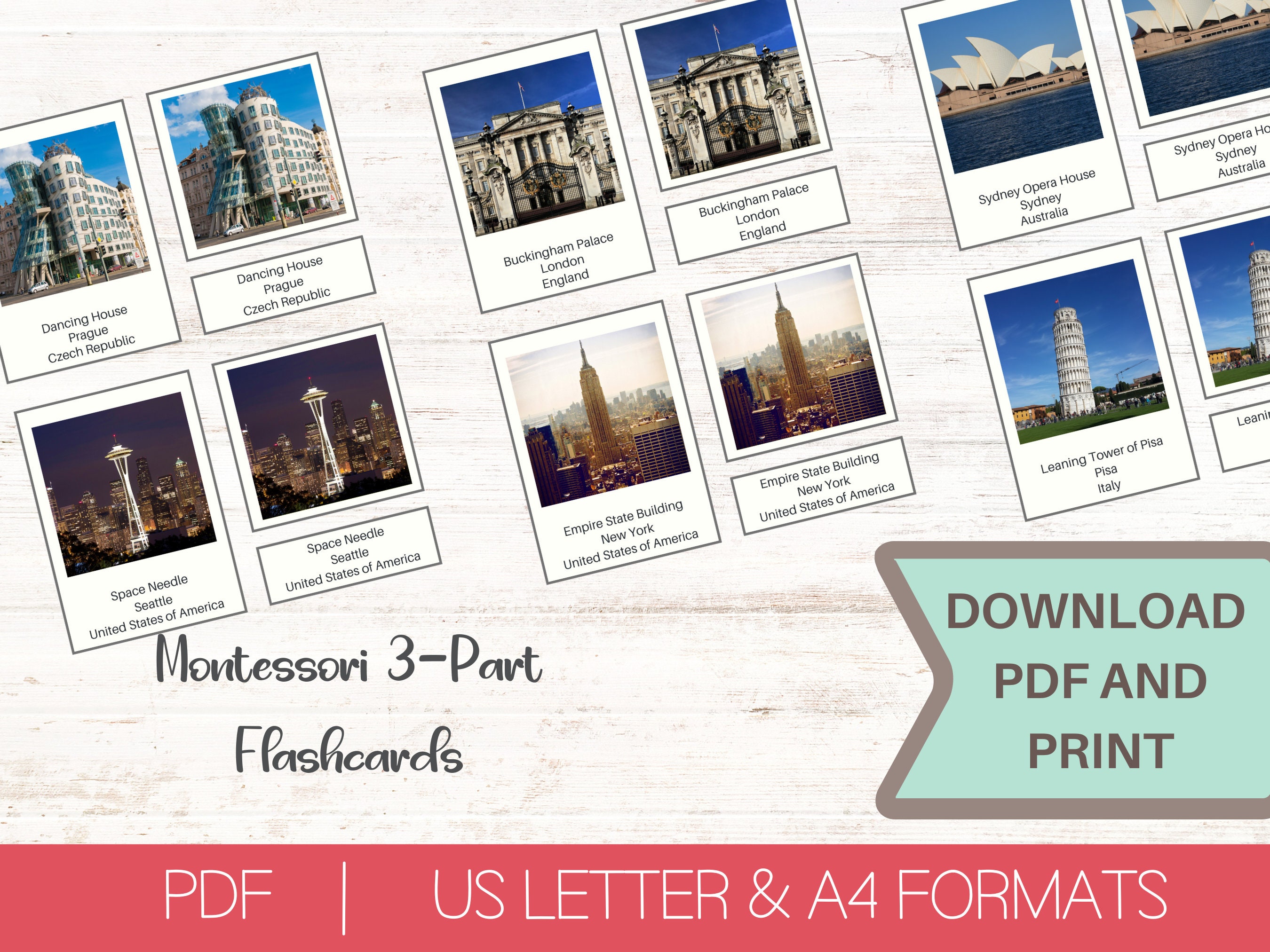 25 Famous Buildings World Landmarks Montessori School 3 Part Flashcards ...