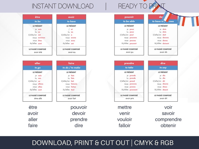 Printable Irregular French Verbs Flash Cards for Home Schooling | Learn ...