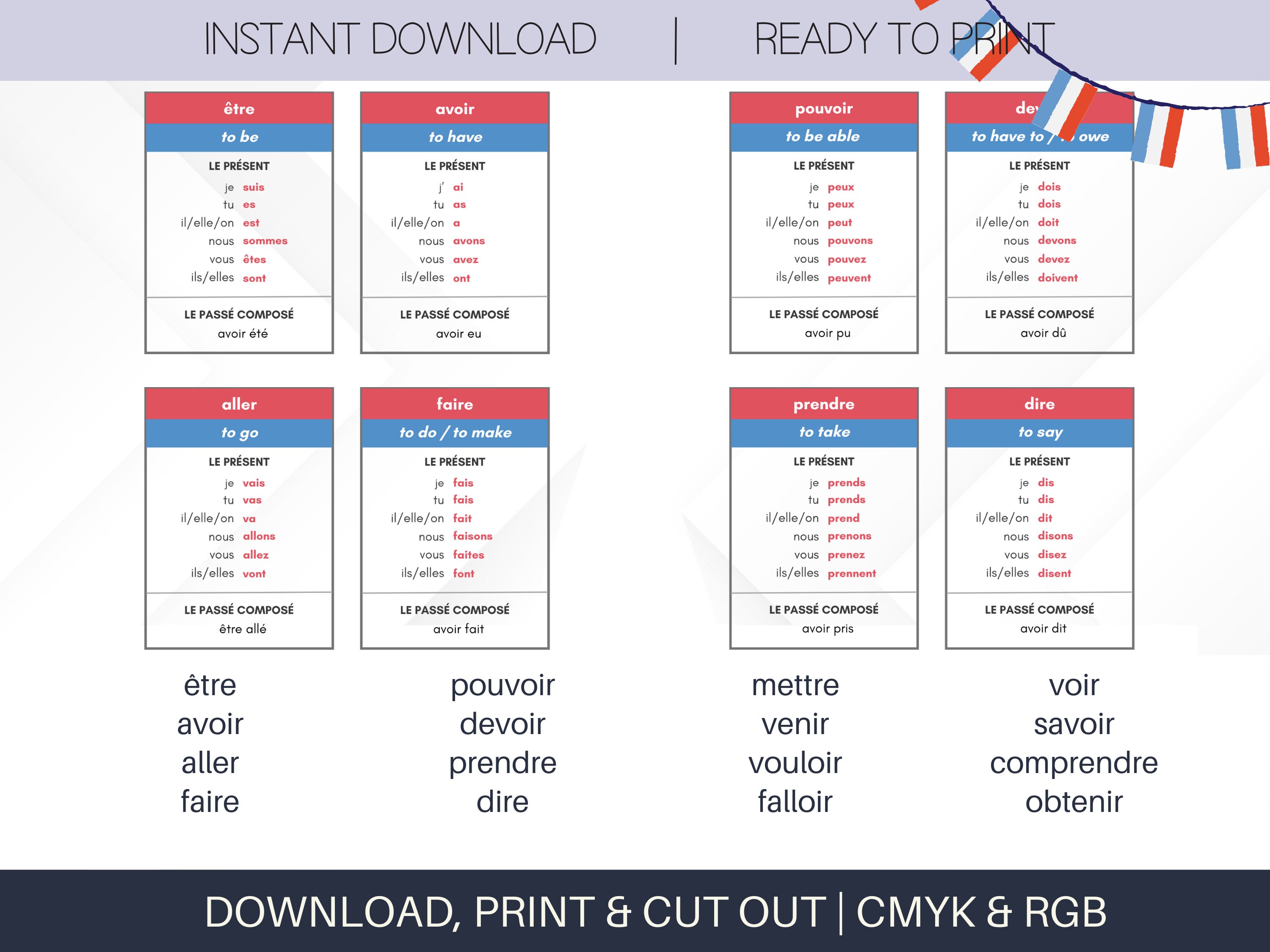 Printable Irregular French Verbs Flash Cards for Home Schooling | Learn ...