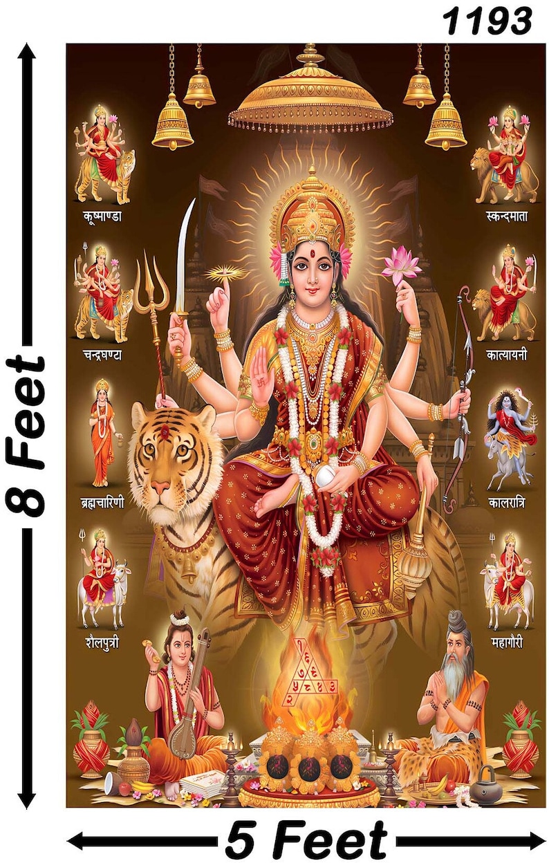 Nav Durga Mata Rani Design Backdrop Cloth for Pooja Decoration ...
