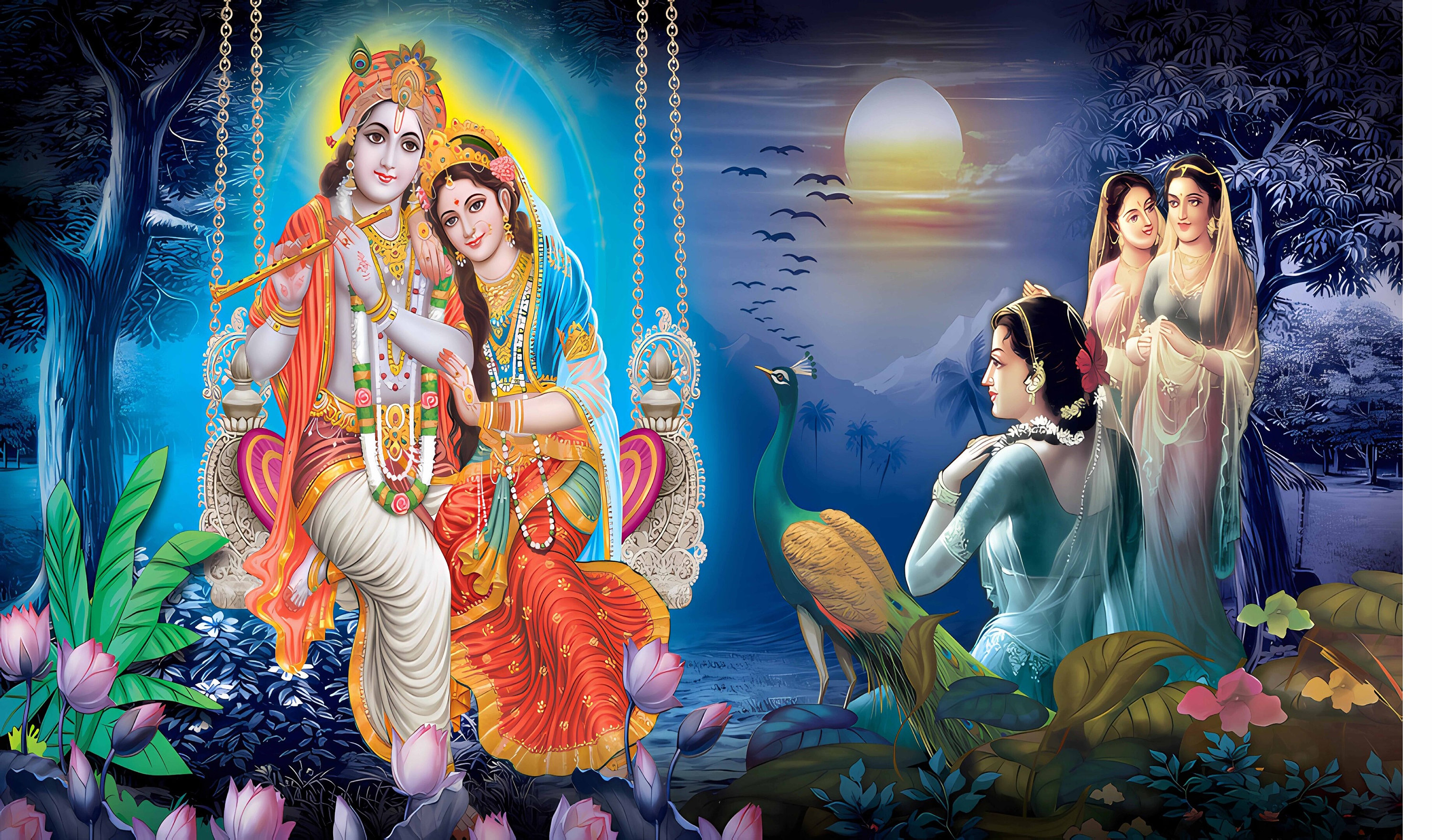 Radha Krishnaji on Jhula Design Backdrop Cloth for Pooja Decoration ...