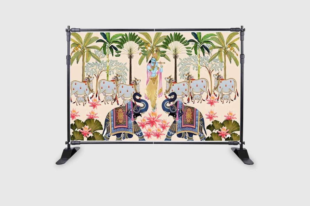 Lord Shree Krishna With Holy Cow Design Backdrop Cloth for Pooja ...