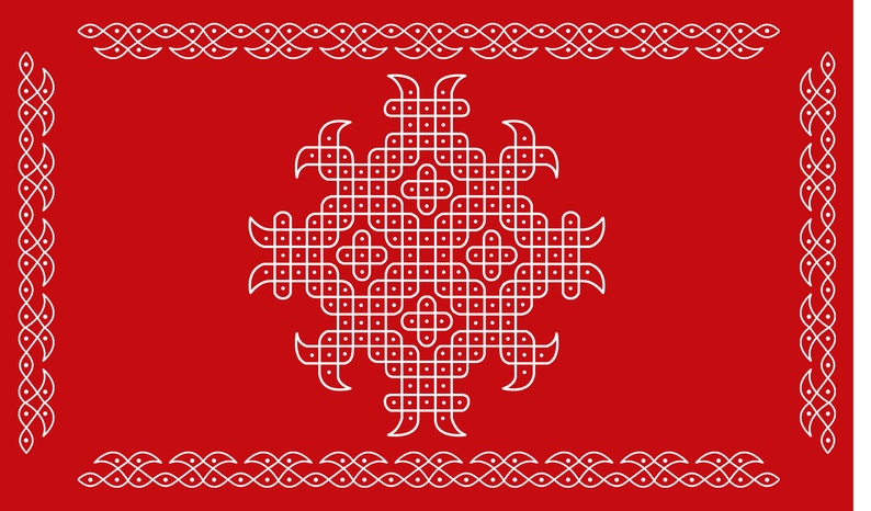 Red Background With Kollam Rangoli Design Backdrop for Pooja Decoration ...