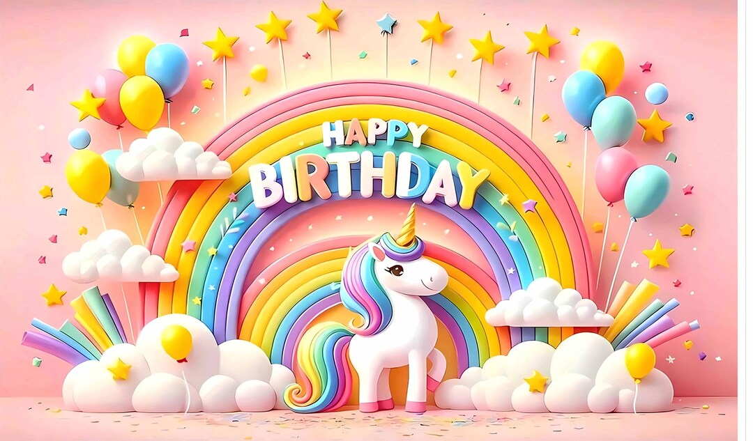 Rainbow Unicorn Themed Happy Birthday Design Backdrop for Birthday ...