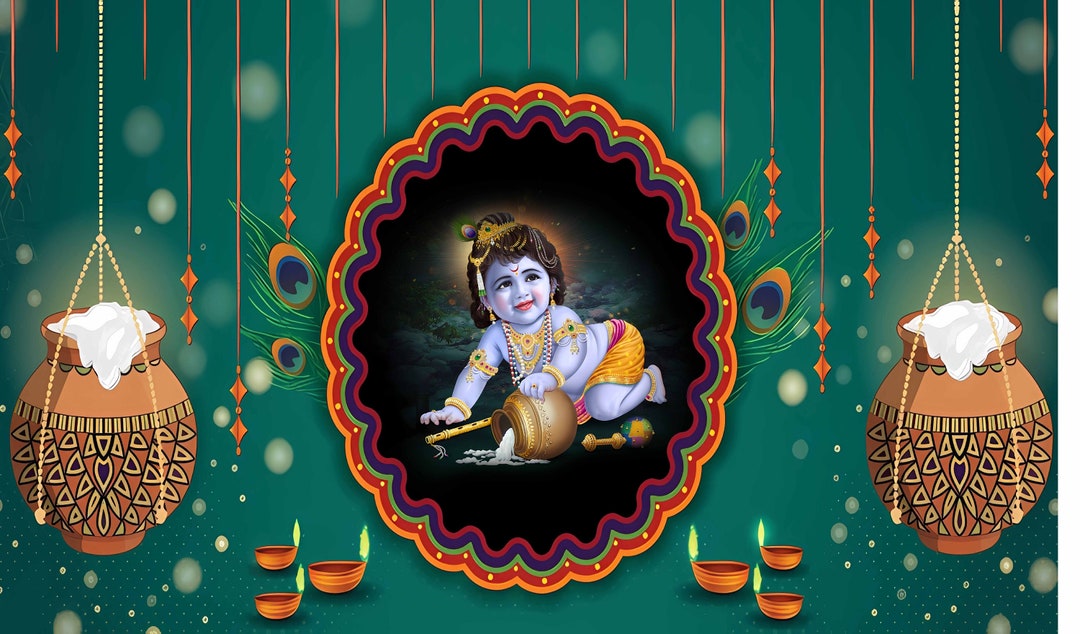 Bal Krishna With Matuki Design Backdrop Cloth for Pooja Decoration ...