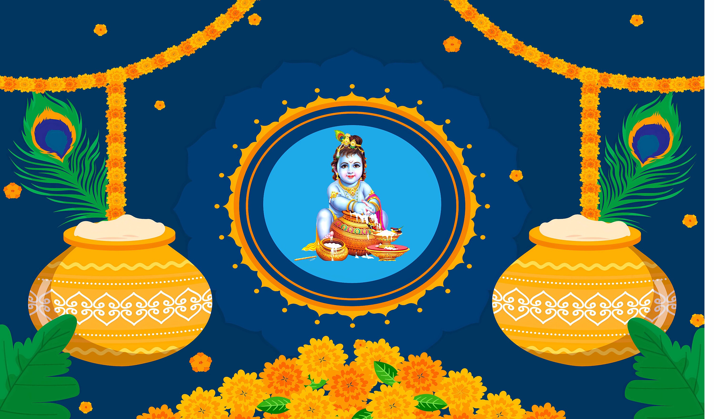 Bal Krishna With Matuki Design Backdrop Cloth for Pooja Decoration ...