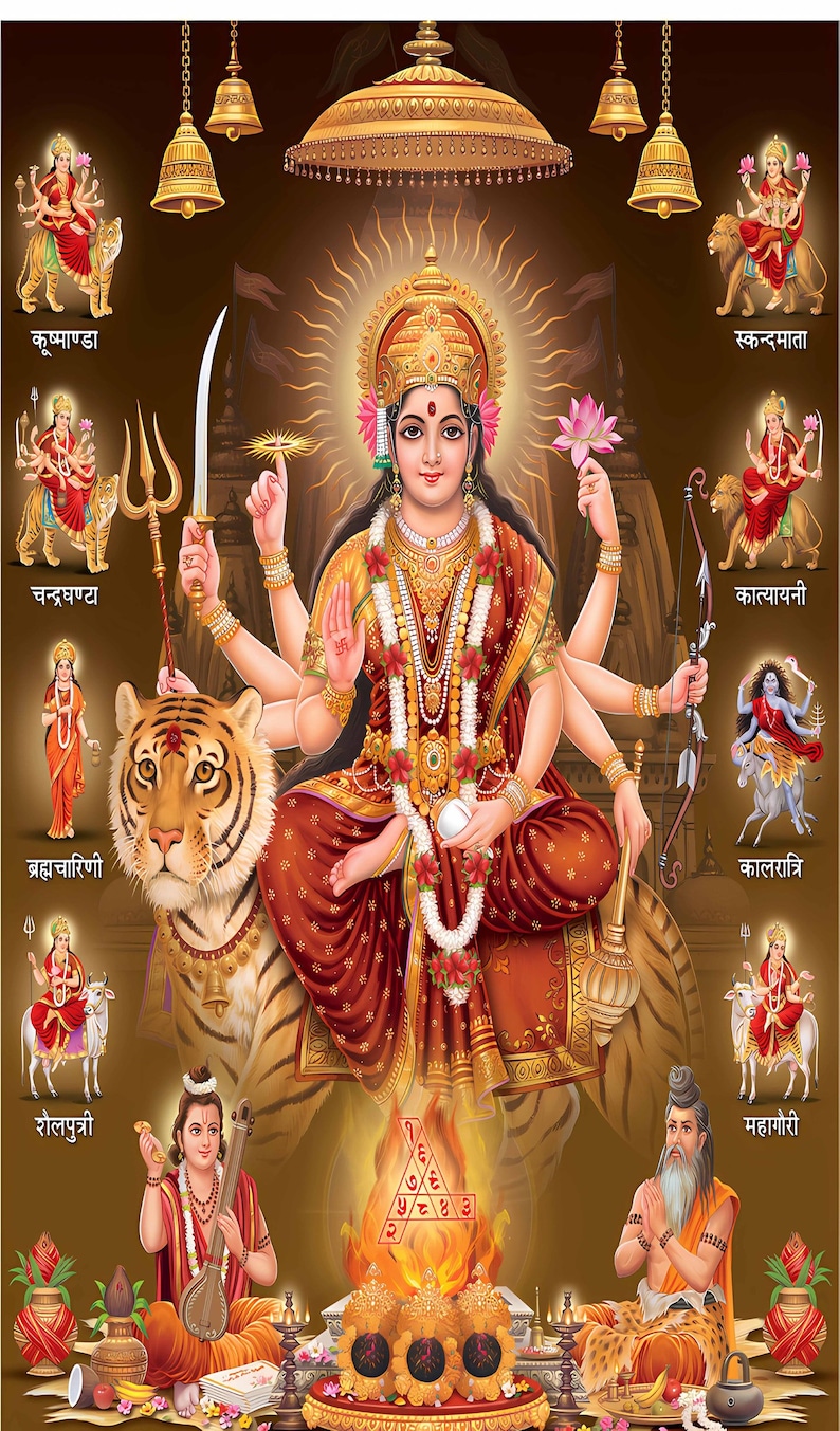 Nav Durga Mata Rani Design Backdrop Cloth for Pooja Decoration ...