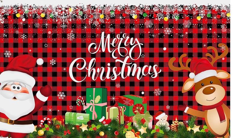 Merry Christmas Backdrop Red Plaid Christmas Background Reindeer Santa ...
