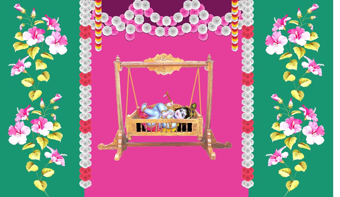 Little Krishna in Cradle Design Backdrop for Pooja Decoration ...