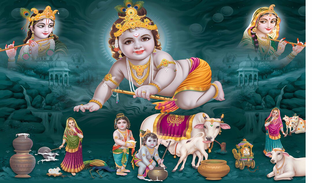 Bal Krishna With Matuki and Cows Design Backdrop Cloth for Pooja ...