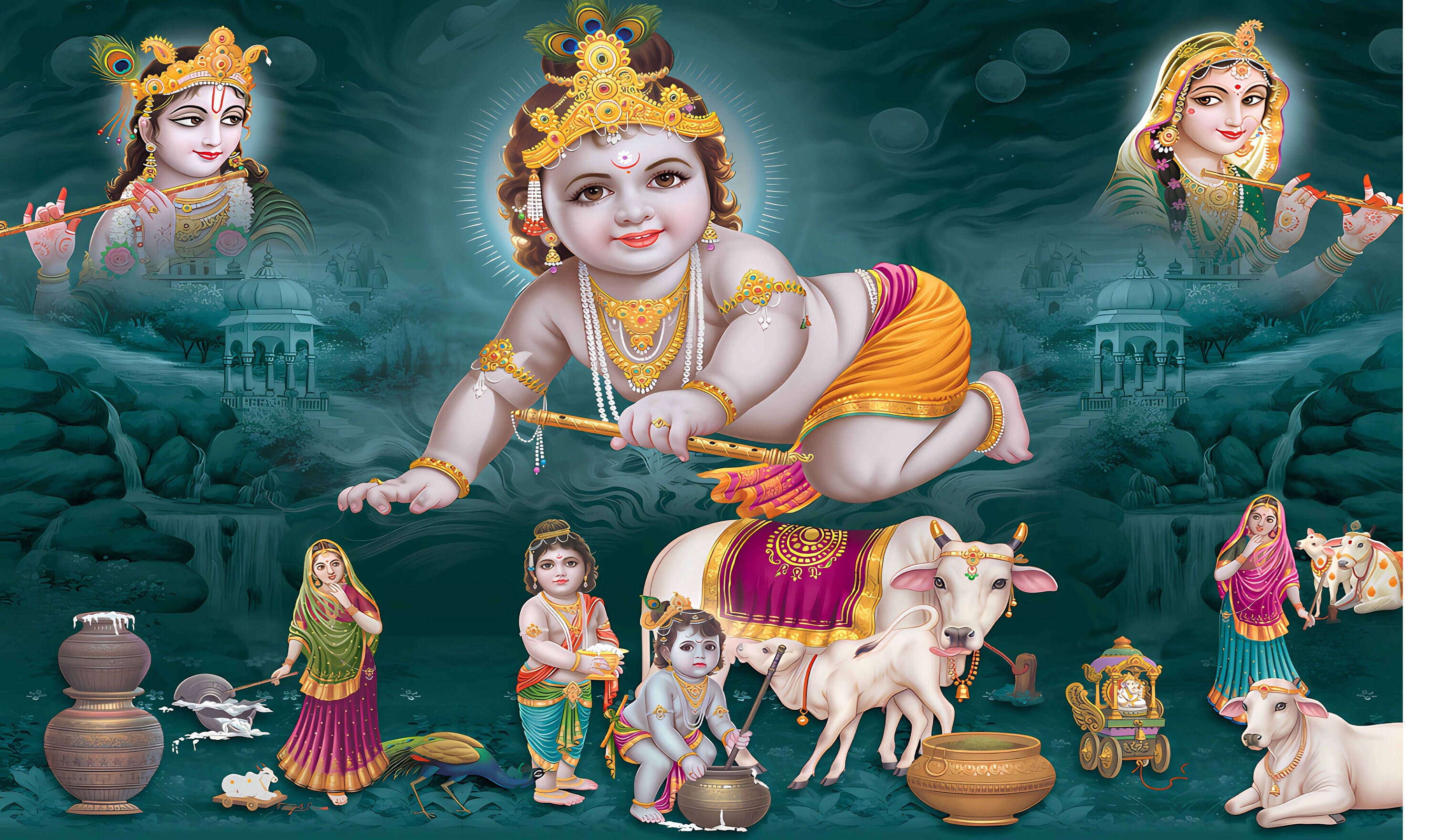 Bal Krishna With Matuki and Cows Design Backdrop Cloth for Pooja ...